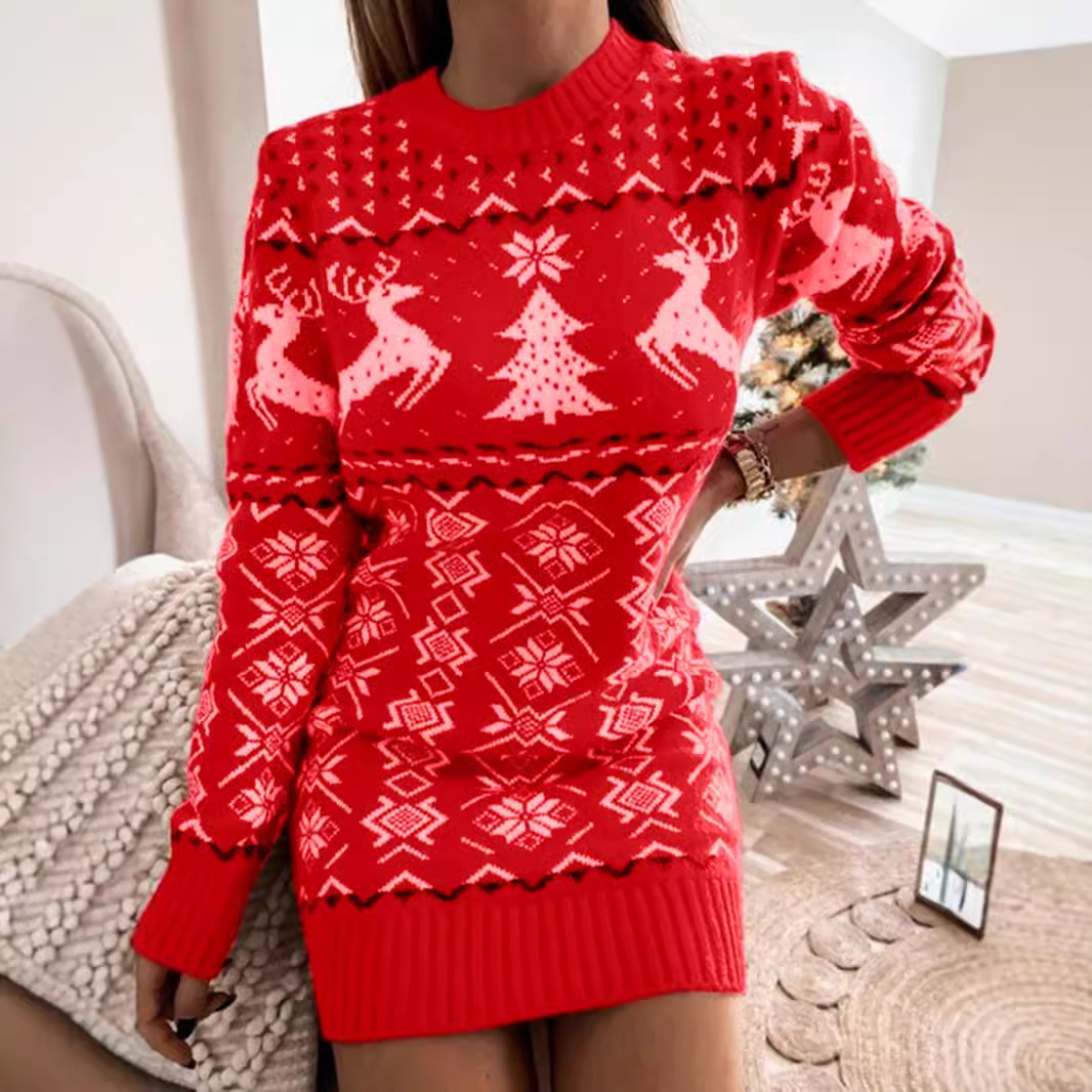 Knit Deer Sweater Dress Slim Fit Christmas Autumn Winter