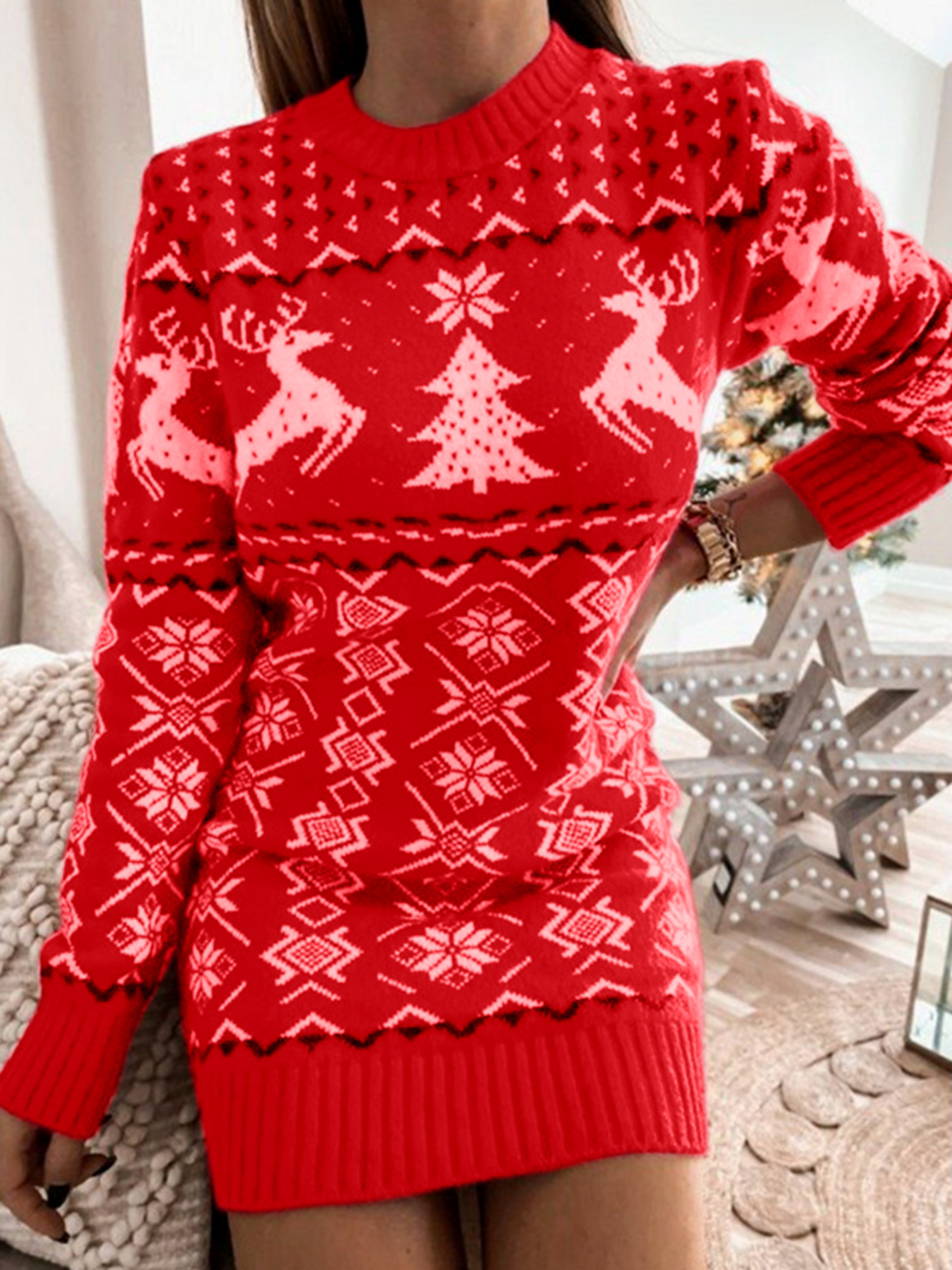 Knit Deer Sweater Dress Slim Fit Christmas Autumn Winter