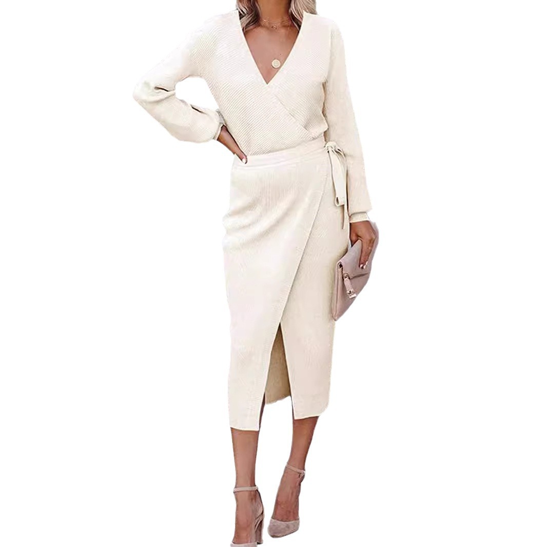 Knit Long Sleeve V-Neck Sweater Dress Fall Winter SSU-00032