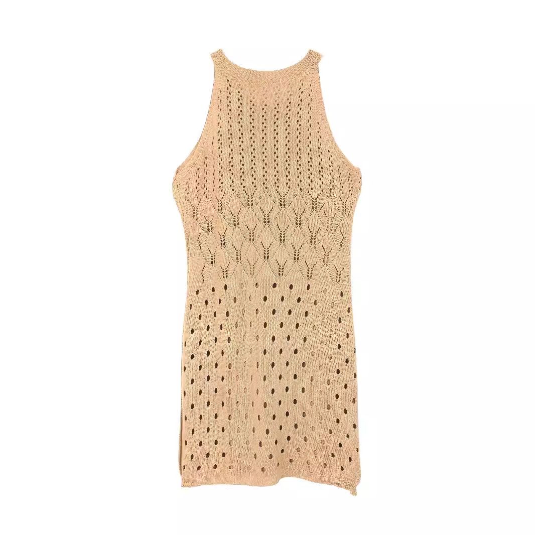 Knit Round Neck Sleeveless Dress Slit Beach Vacation SSU-00003