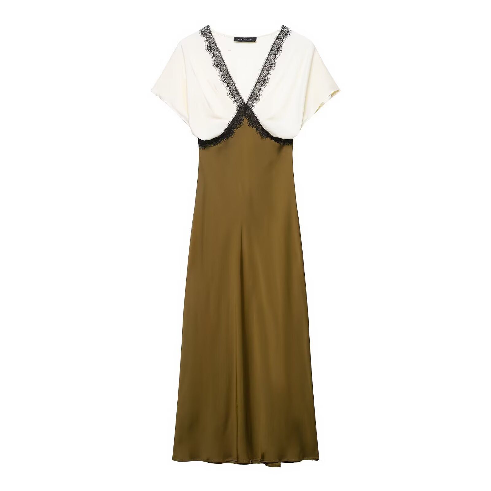 Vestido midi de seda con ribete de encaje en contraste KUN-00023