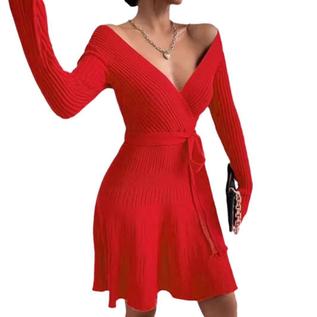 Knit Bodycon Dress Low V-Neck Long Sleeve Tie Waist