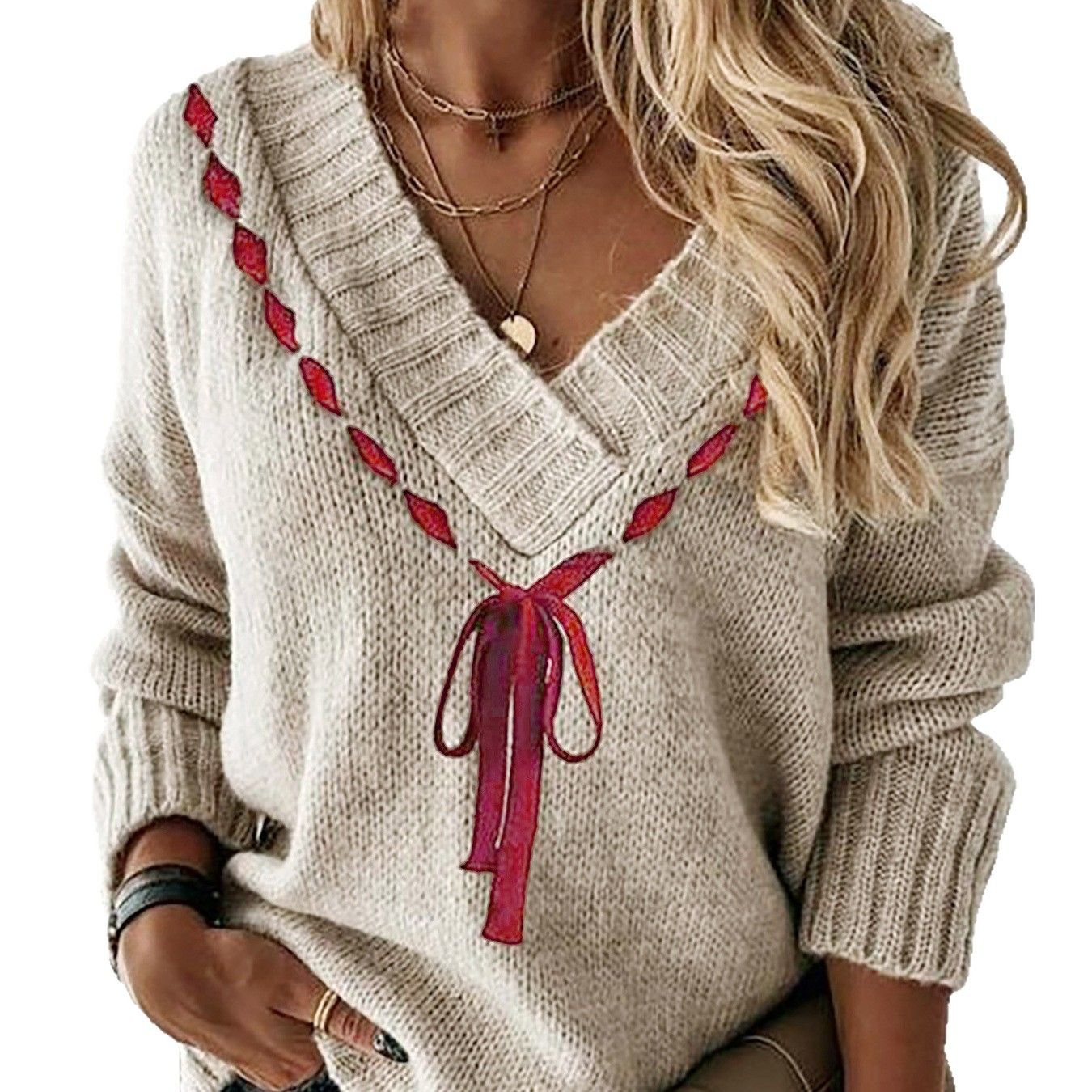 Knit V-Neck Ribbon Sweater Top - European & American Style SSU-00092