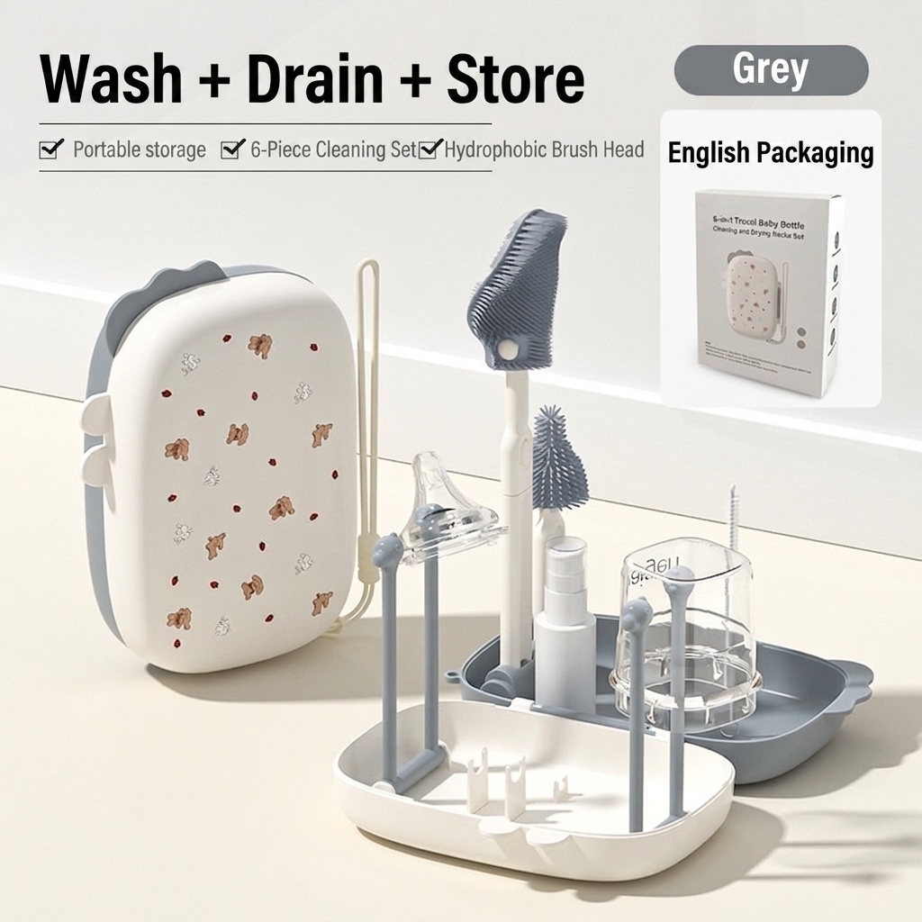 6-in-1 Portable Baby Bottle Cleaning & Drying Rack Set
