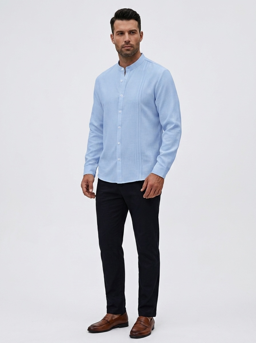 Men's Casual Band Collar Shirt - Pleated Long Sleeve