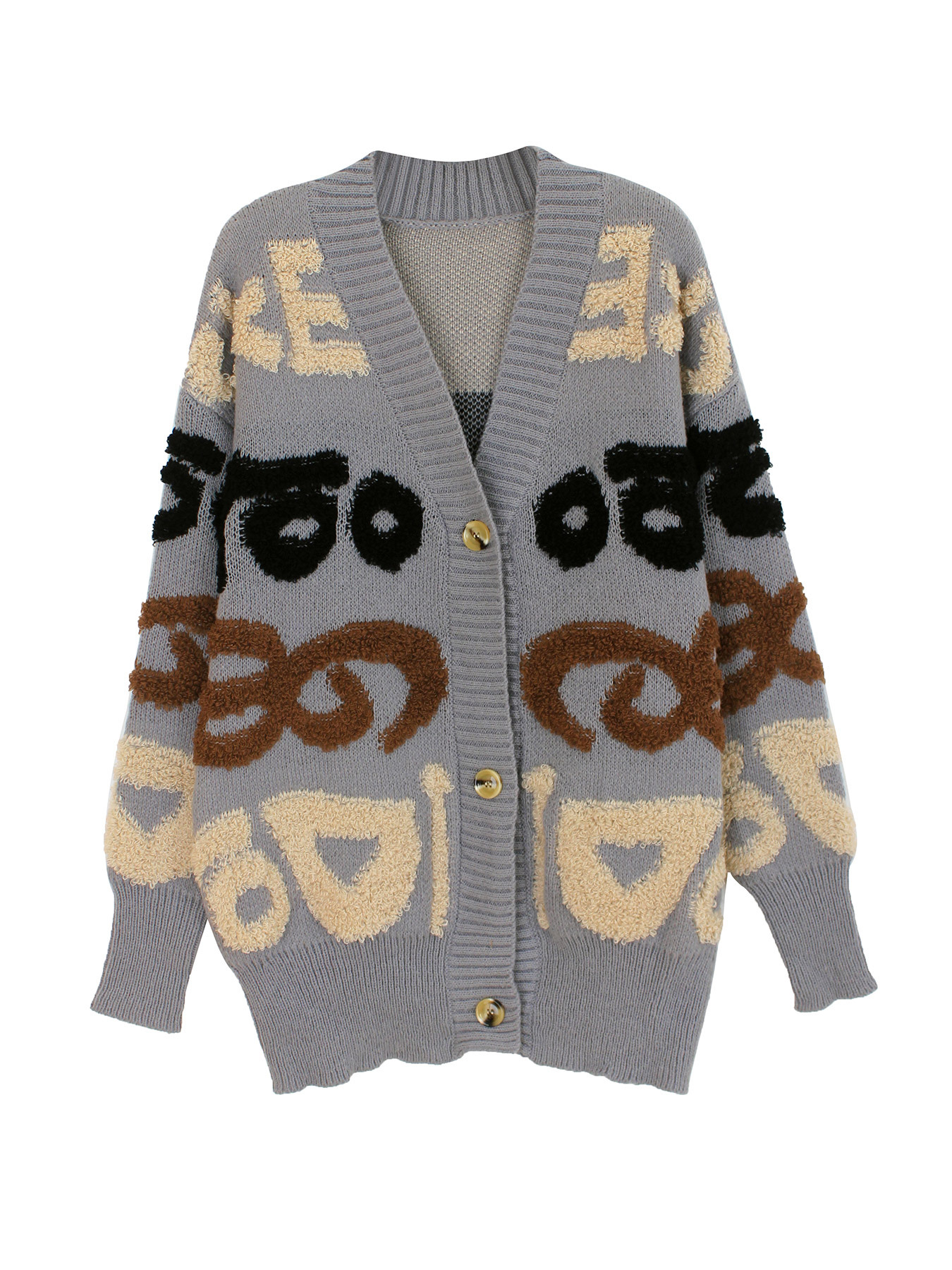 Knit Cardigan Duster - Letter Jacquard Open Front