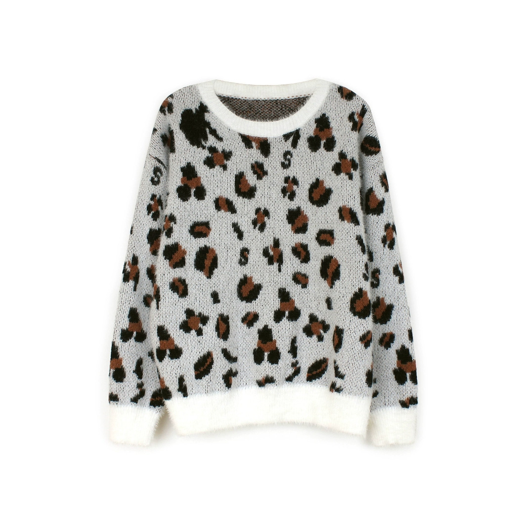 Knit Leopard Print Sweater Long Sleeve Crew Neck Pullover SSU-00059